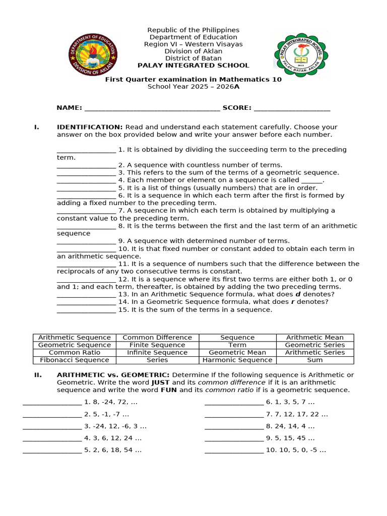 First Quarter Exam in Math 10 | PDF | Sequence | Numbers