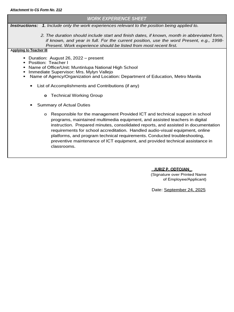 CS Form No. 212 Attachment Work Experience Sheet | PDF