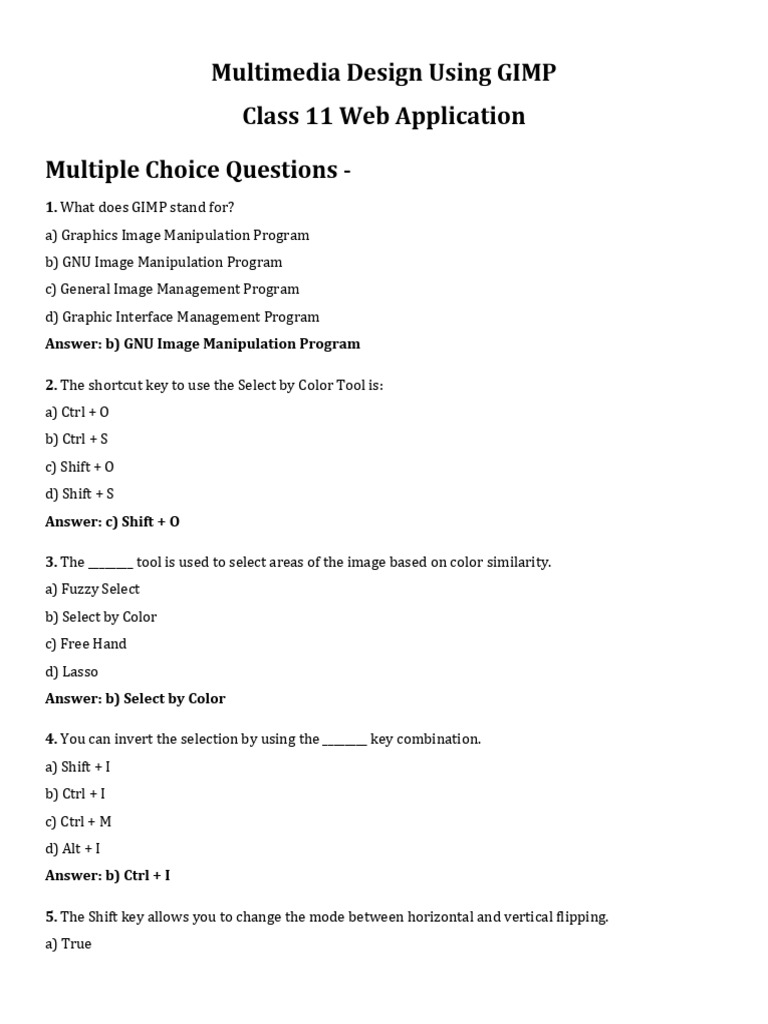 GIMP Multimedia Design Quiz Questions | PDF | Image Editing | Computer ...