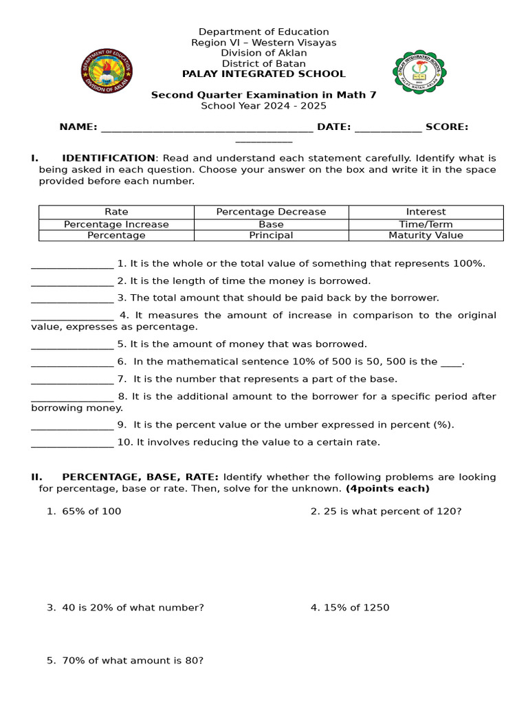Second Quarter Exam in Math 7 | PDF | Interest | Percentage