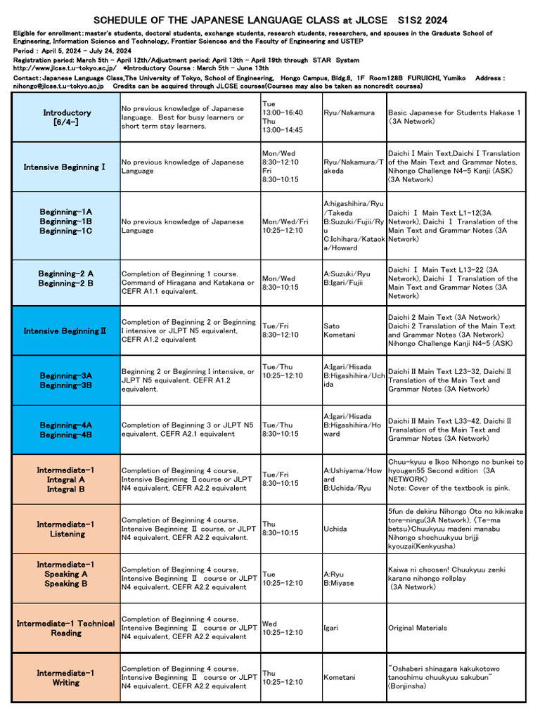 Schedule of The Japanese Language Class at Jlcse S1S2 2024 | PDF ...