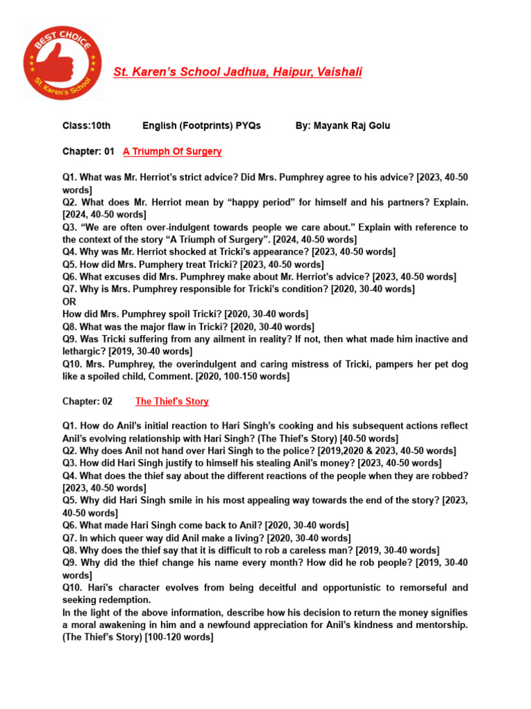 Class 10 English PYQs: Footprints & More | PDF