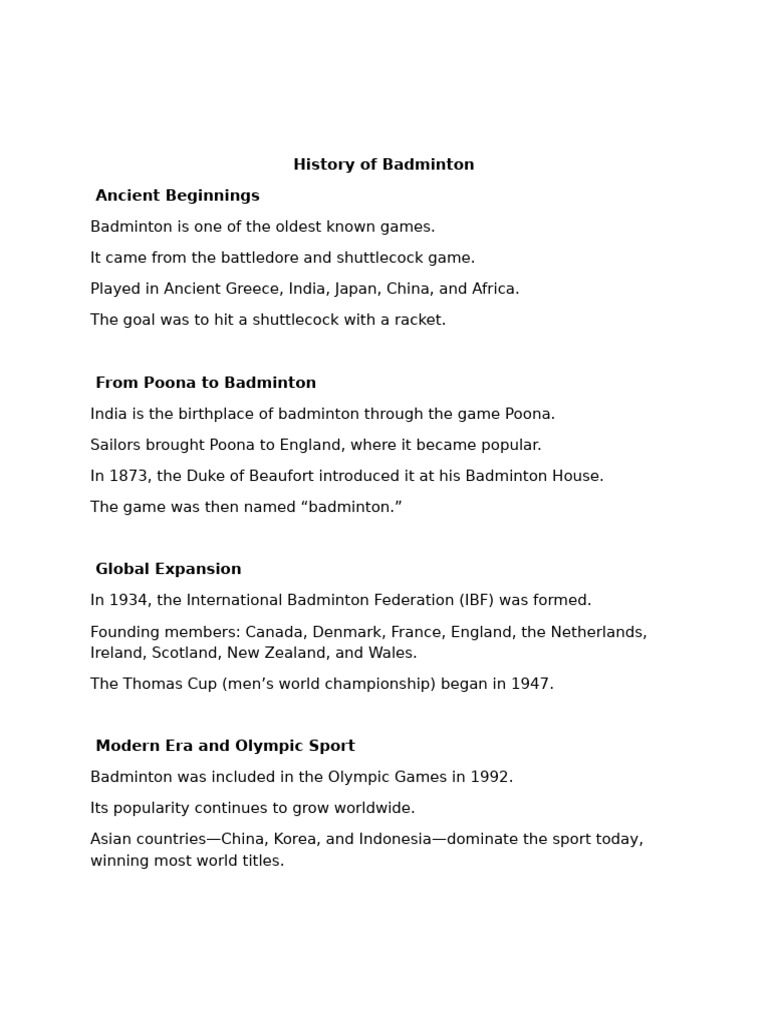 Badminton: History, Players, and Training | PDF | Endurance