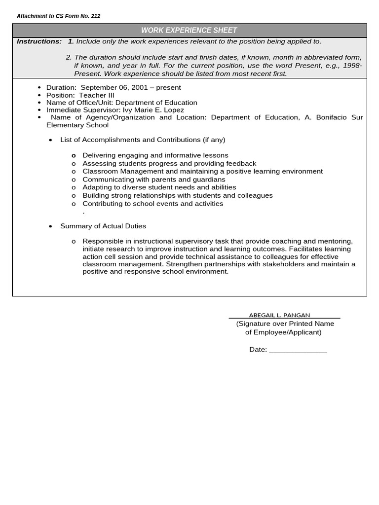 ANNEX H 2 CS Form No. 212 Attachment Work Experience Sheet | PDF