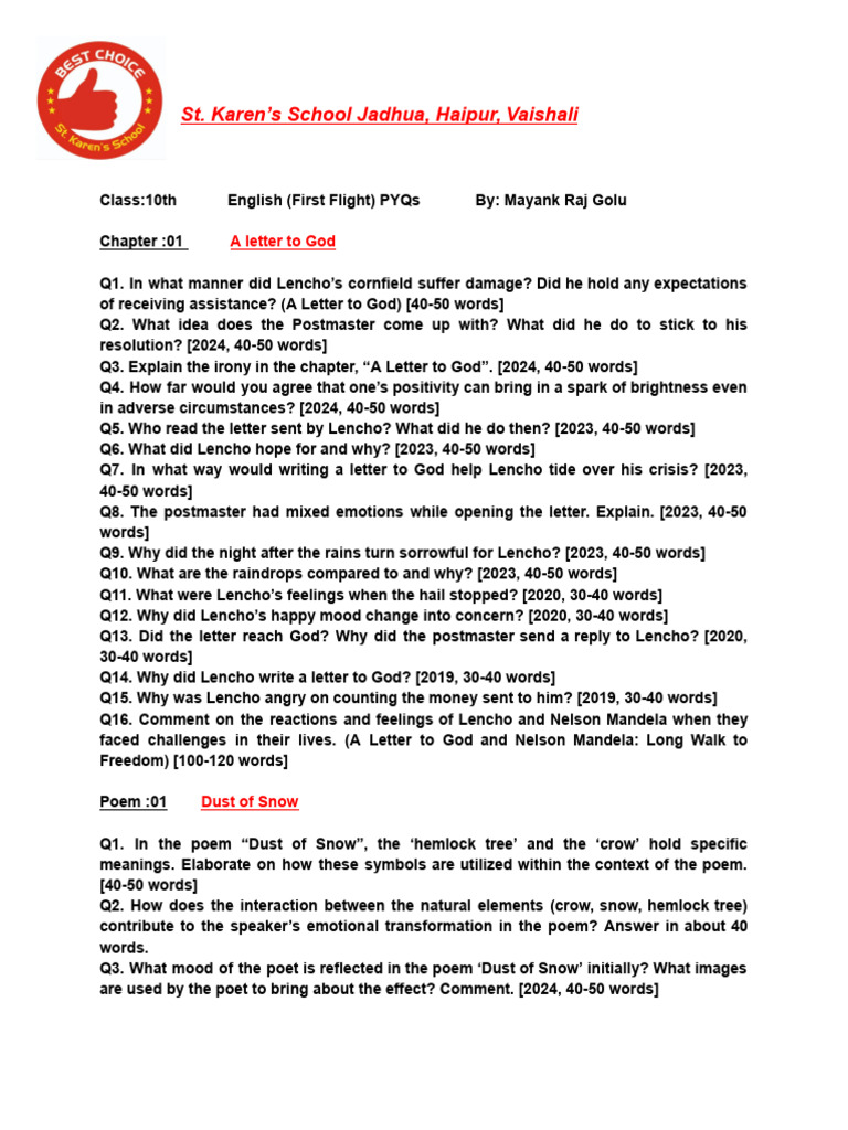 Class 10 English PYQs: A Letter to God | PDF | Poetry