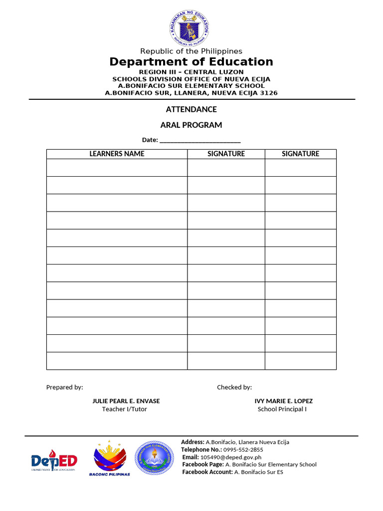 Attendance Record for Aral Program | PDF