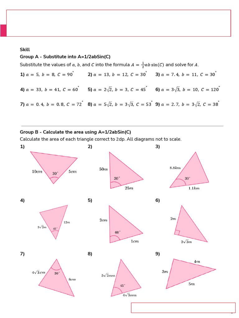 Area of Triangle: 1/2abSin(C) Worksheet | PDF | Area | Triangle