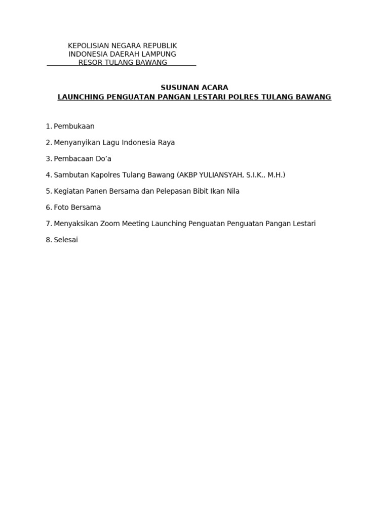 Susunan Acara Launching p2l Polres Tuba | PDF