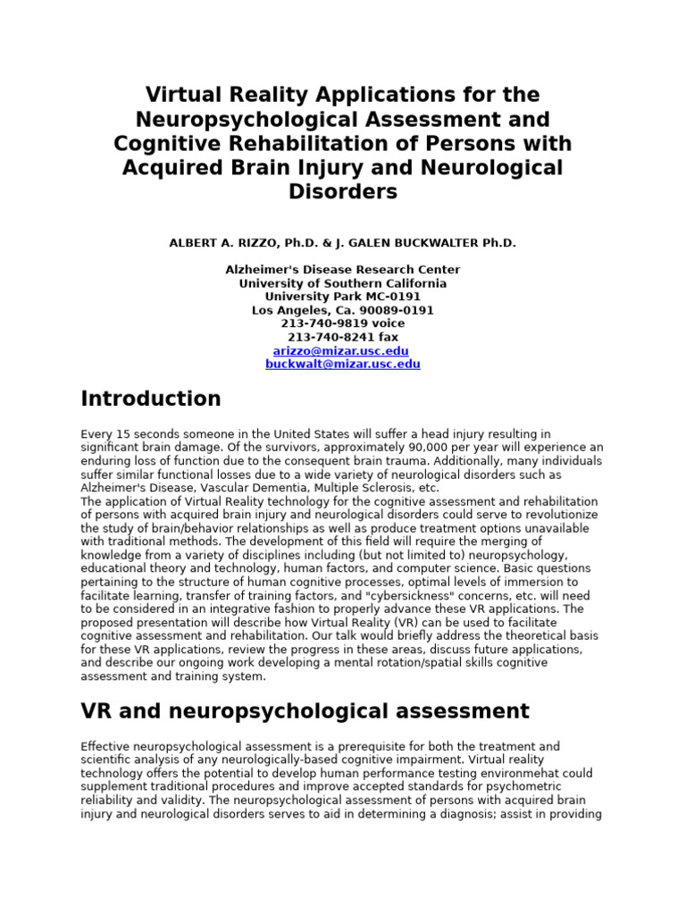 013 VR Universe Paper 1997 Rizzo | PDF | Neuropsychological Assessment ...