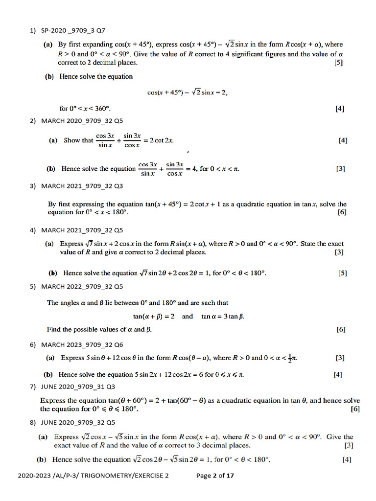 Trigonometry Exercises 2020-2023 | PDF