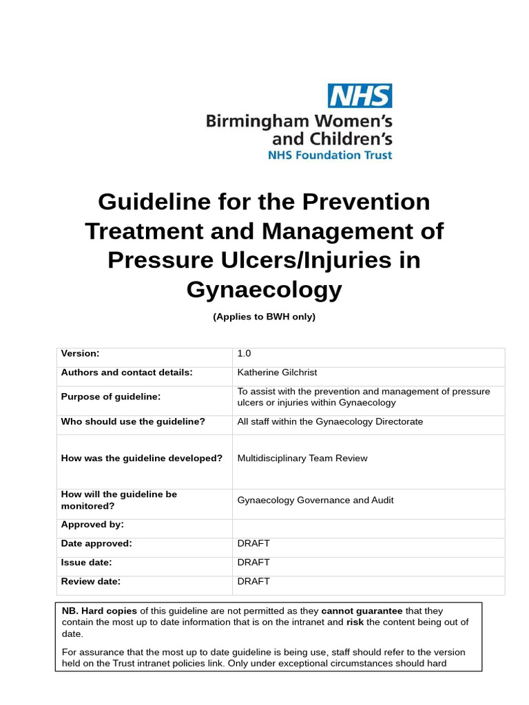 Draft Pressure Ulcers Guideline Gynae | PDF | Wound | Diseases And Disorders