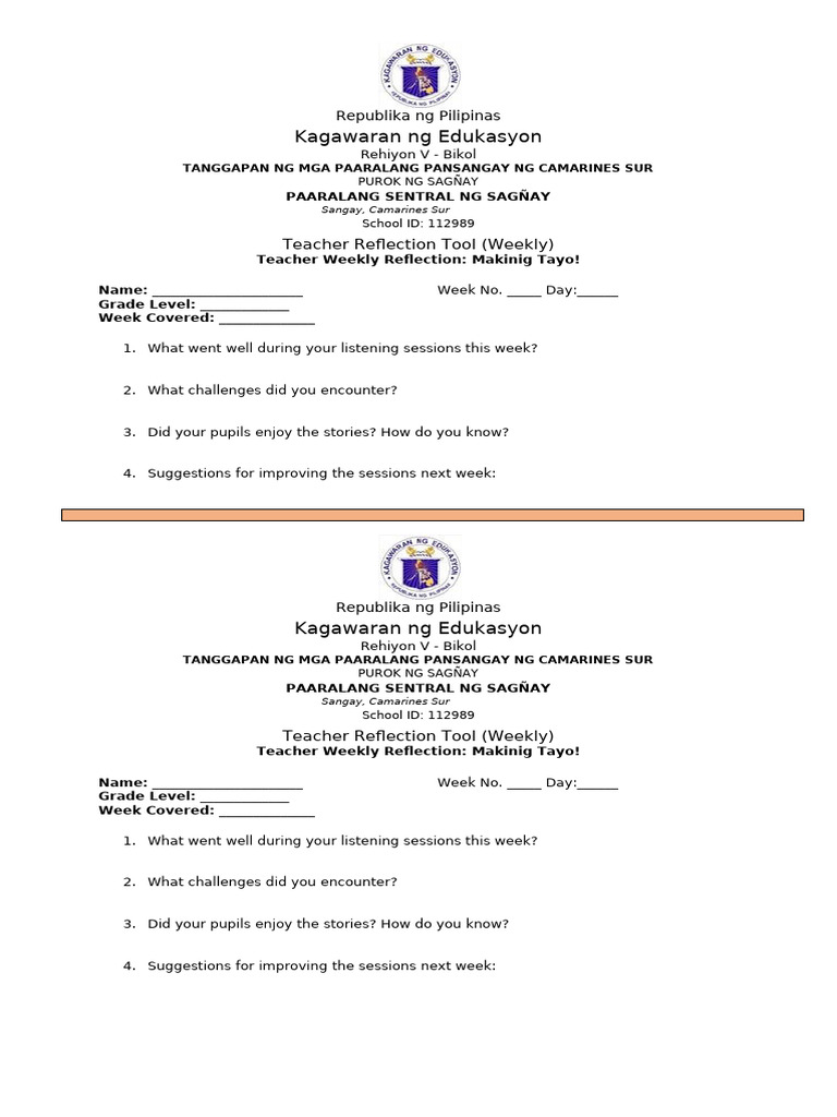 Teacher Reflection Tool Weekly | PDF