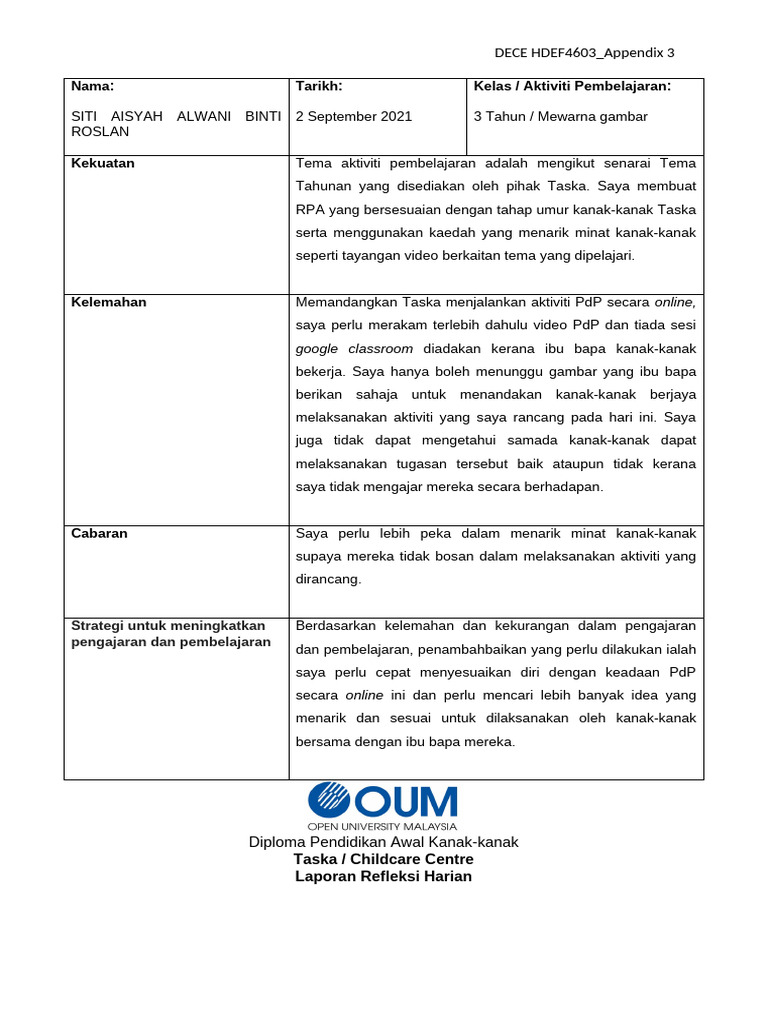 8. Appendix 3- Borang Refleksi Harian | PDF