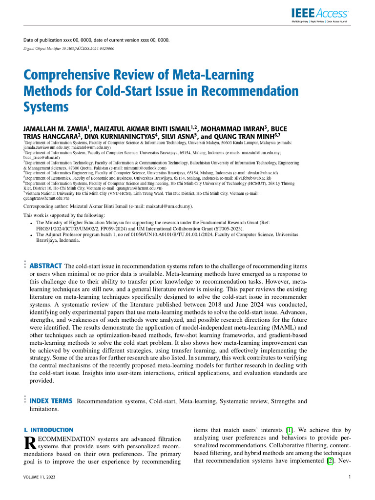 Comprehensive Review of Meta Learning Methods For Cold Start Issue in ...