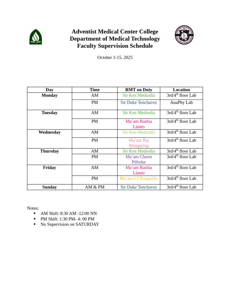 Medical Technology Faculty Schedule 2025 | PDF
