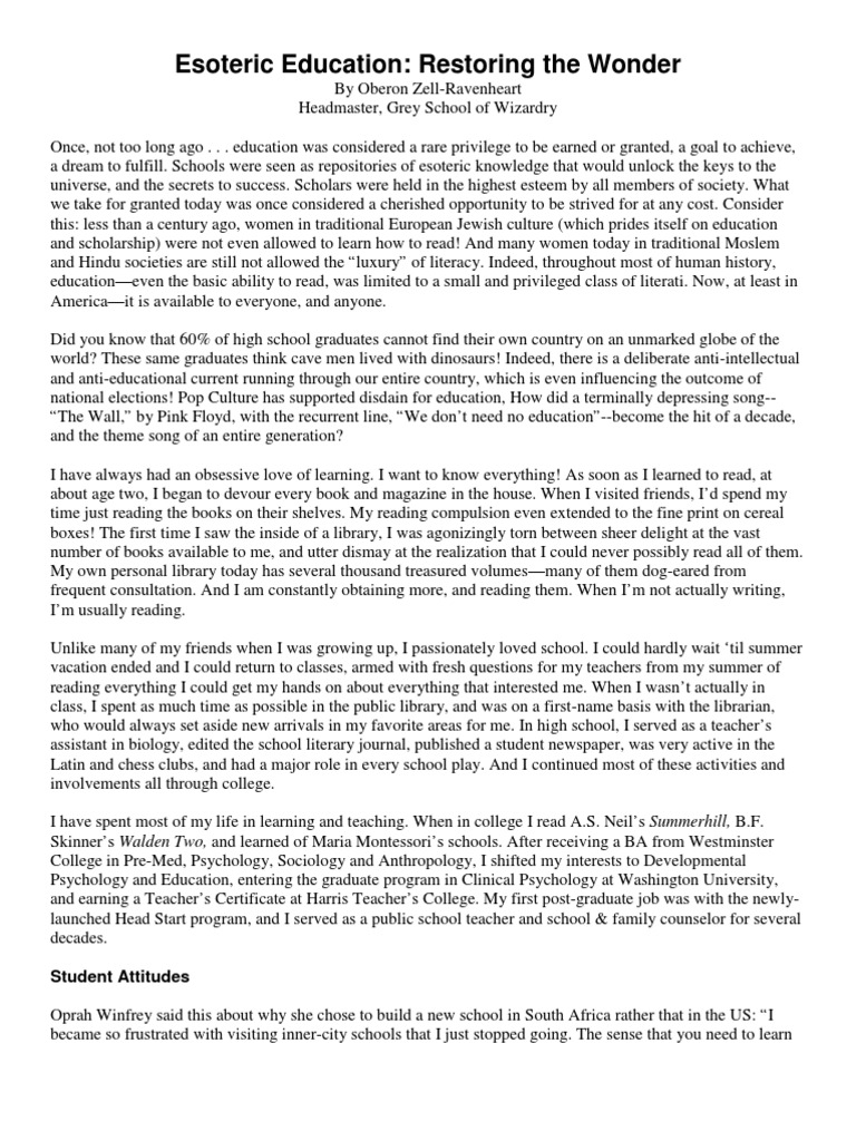 Esoteric Education: Restoring The Wonder | PDF | Schools | Teaching And Learning