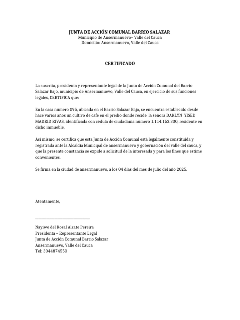 Certificado JAC Darlyn Madrid Rivas | PDF