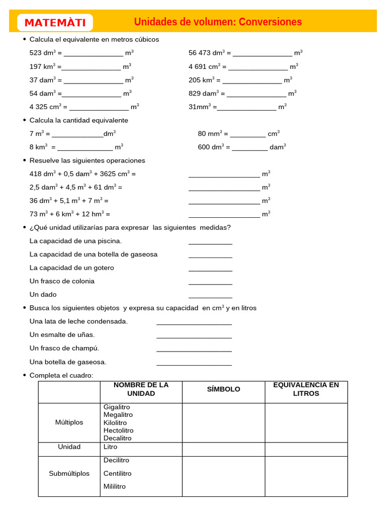JUEVES FICHA MAT. Unidades de Volumen Conversiones | PDF | Litro | Notación