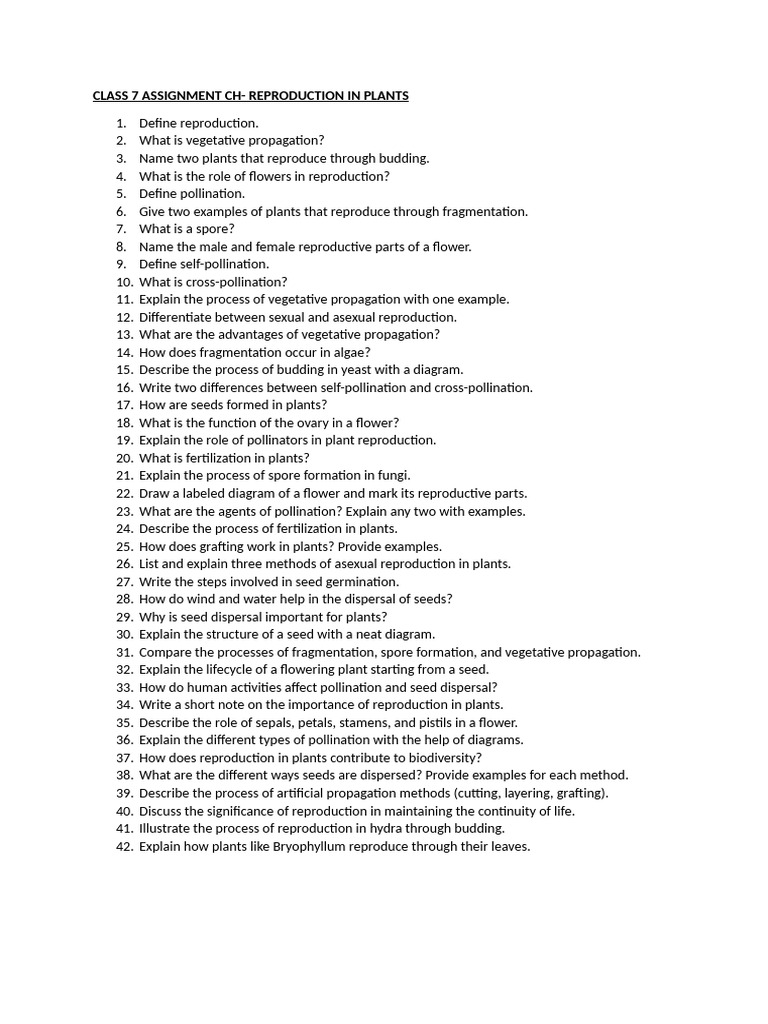 Class 7 Plant Reproduction Assignment | PDF | Reproduction | Flowers