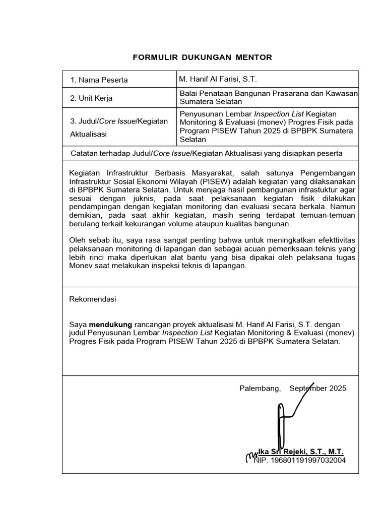 Lembar Inspeksi Monev PISEW 2025 | PDF