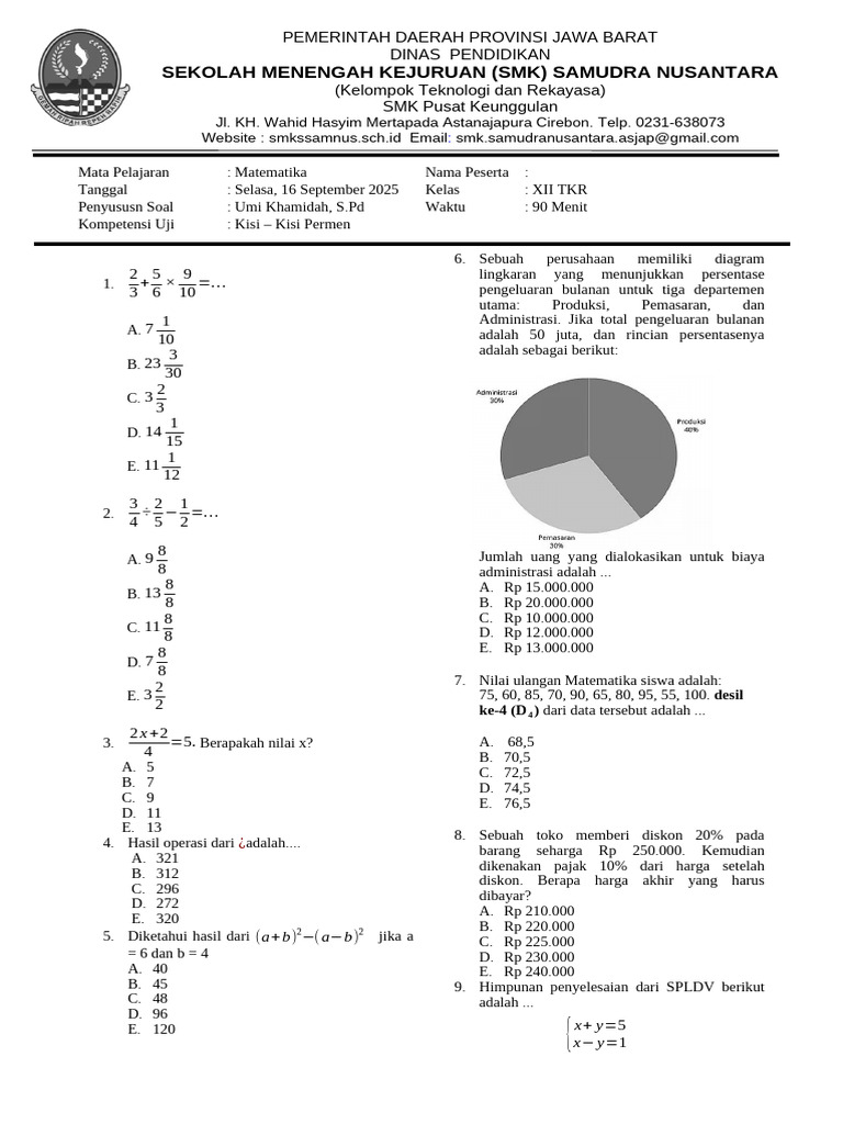 Soal STS MTK Kelas Xii TK TKR TBSM Umi Khamidah | PDF