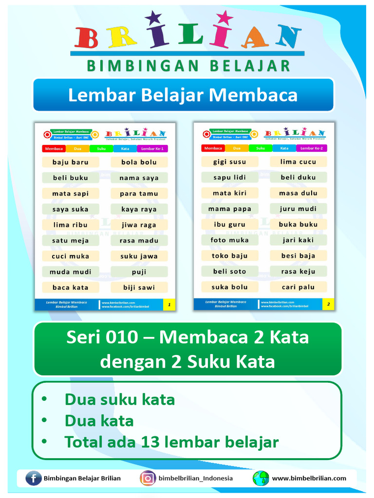 MBC010 - Membaca 2 Kata Dengan 2 Suku Kata (4 Lembar) | PDF