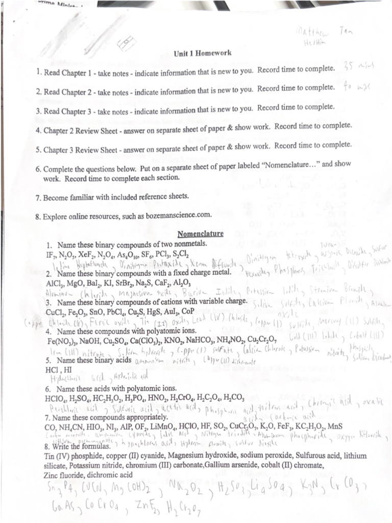 AP Chem - Unit 1 Homework | PDF