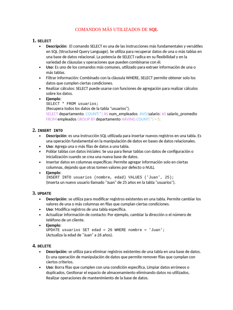 Comandos M-S Utilizados de SQL | PDF | SQL | Ciencias de la Información
