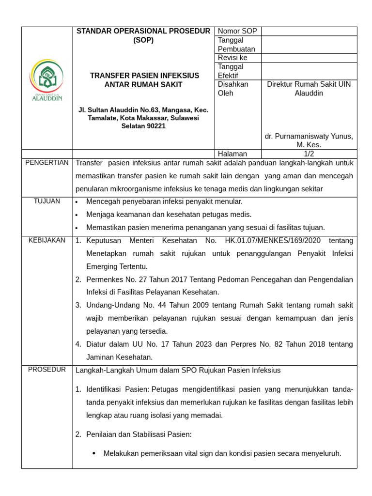 SOP Transfer Pasien Infeksius RS | PDF