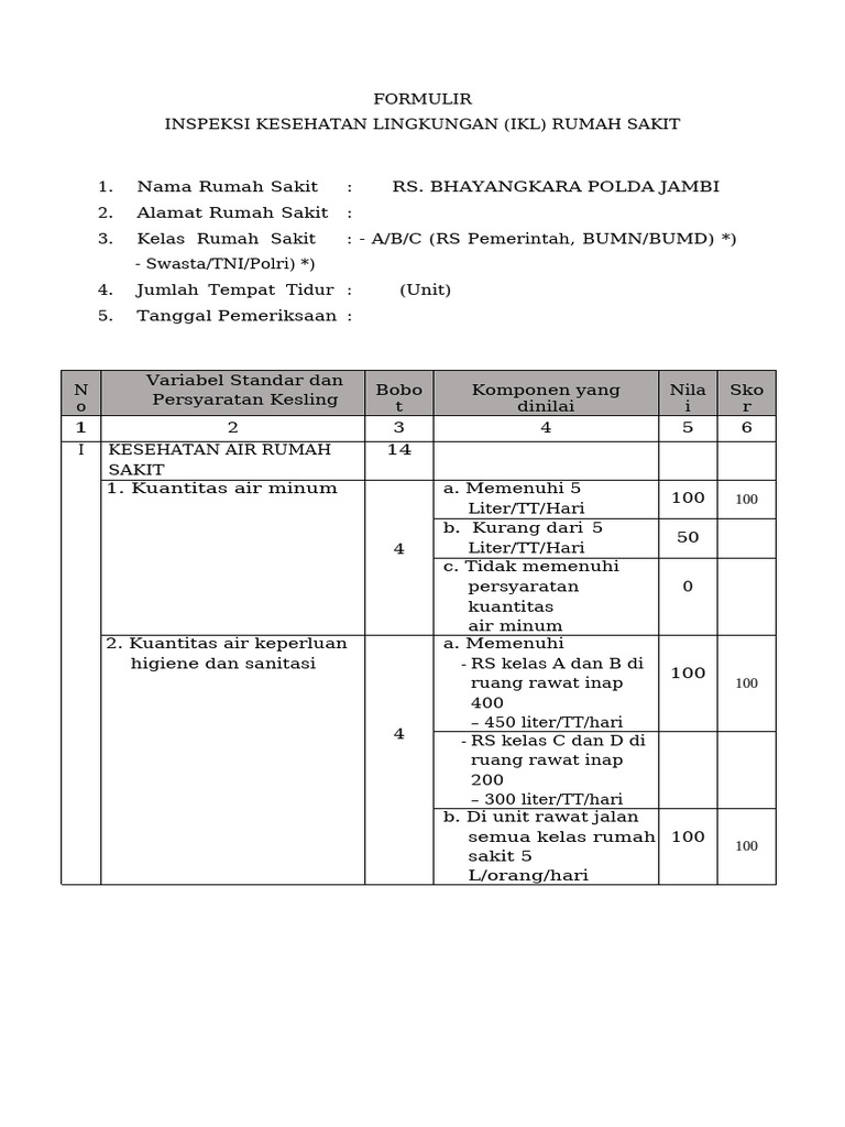 Inspeksi Kesehatan Lingkungan RS Bhayangkara | PDF