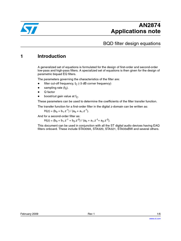 An2874 BQD Filter Design Equations Stmicroelectronics | PDF | Low Pass ...