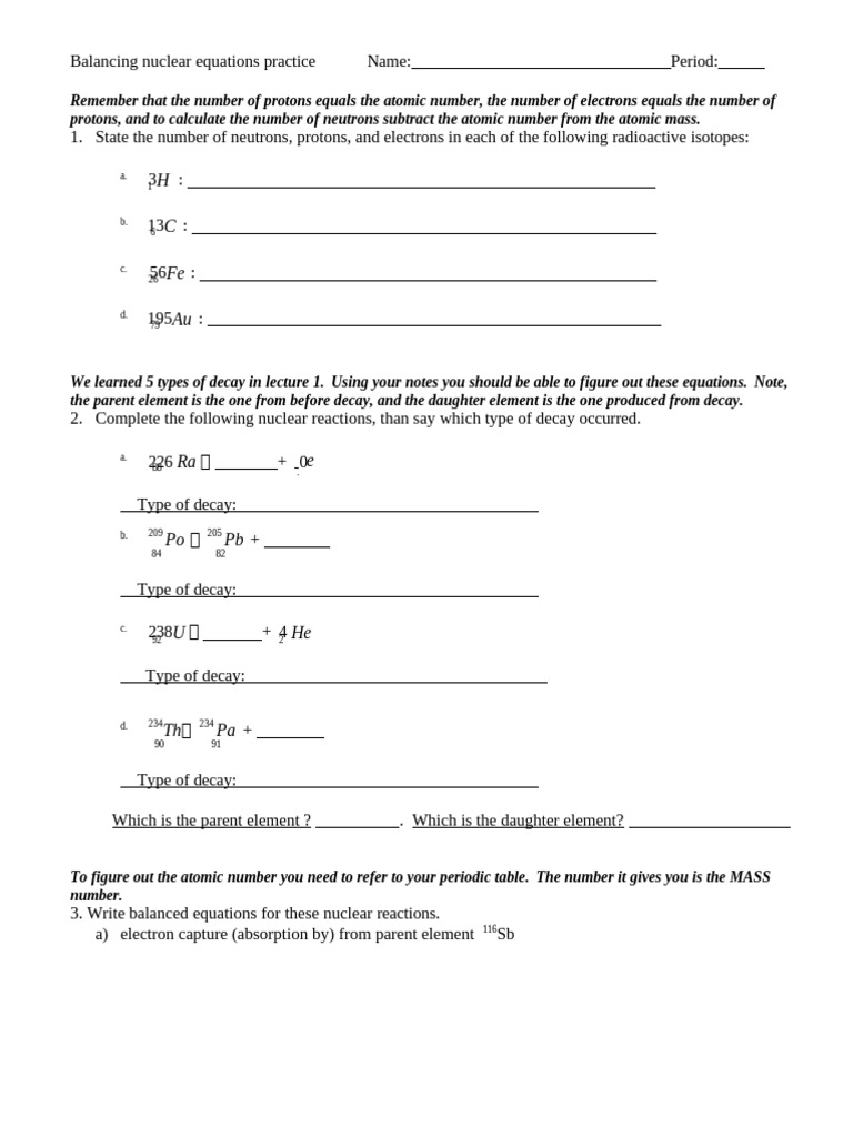 Nuclear Equations Practice Worksheet | PDF | Radioactive Decay ...