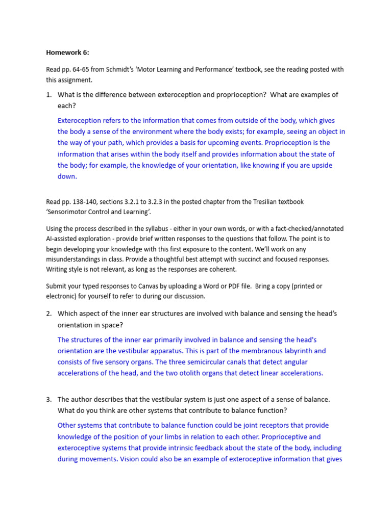 Homework 6 - Sensory Systems, Visual, Vestibular | PDF | Vestibular ...