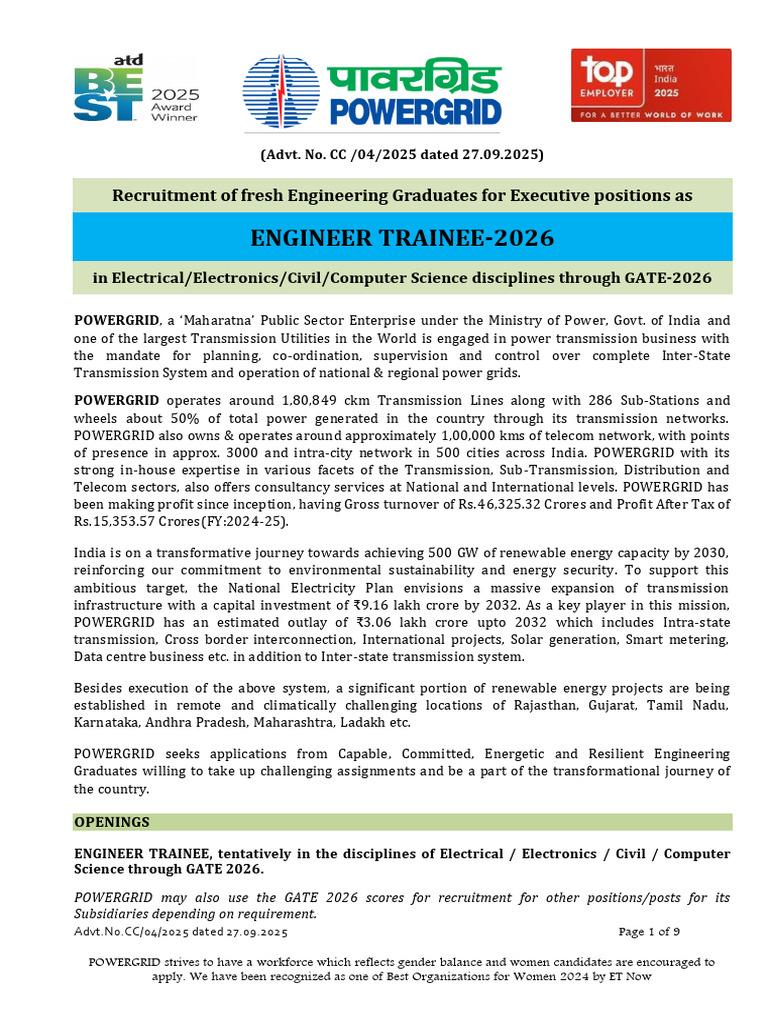 Pgcil Et Gate 2026 | PDF | Employee Benefits