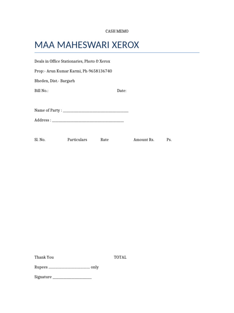 Cash Memo Template | PDF