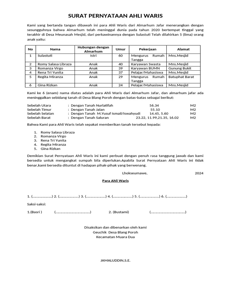 Surat Pernyataan Ahli Waris Jafar | PDF