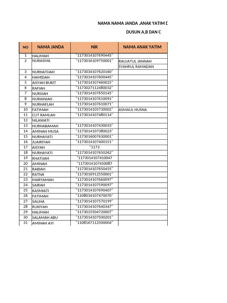 Data Janda ,Anak Yatim Dan Lansia Dusun a,Bda c | PDF