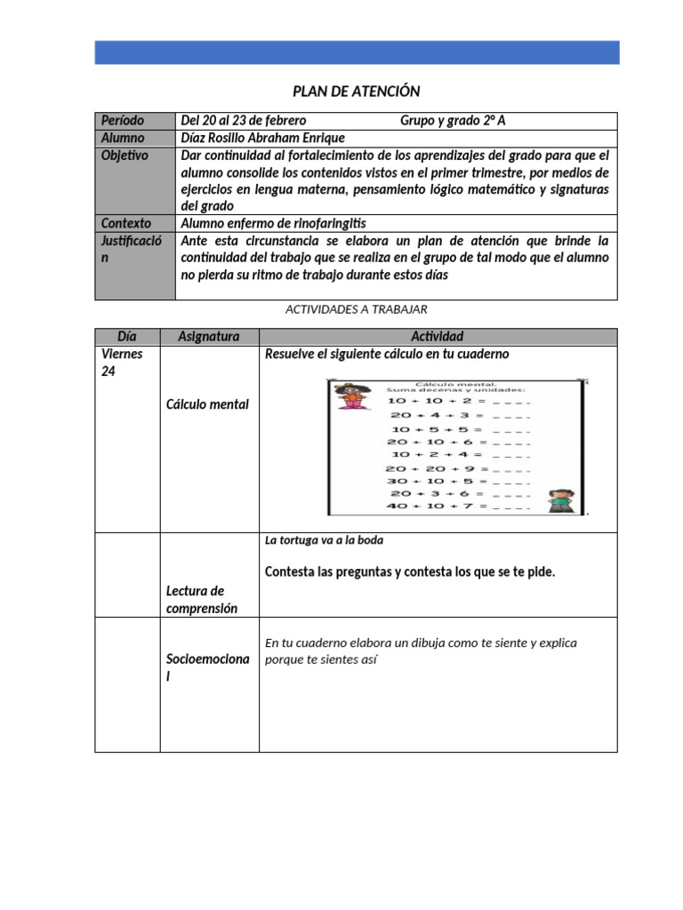 Plan de Atención para Alumno Enfermo 2° A | PDF | Infografia | Pensamiento