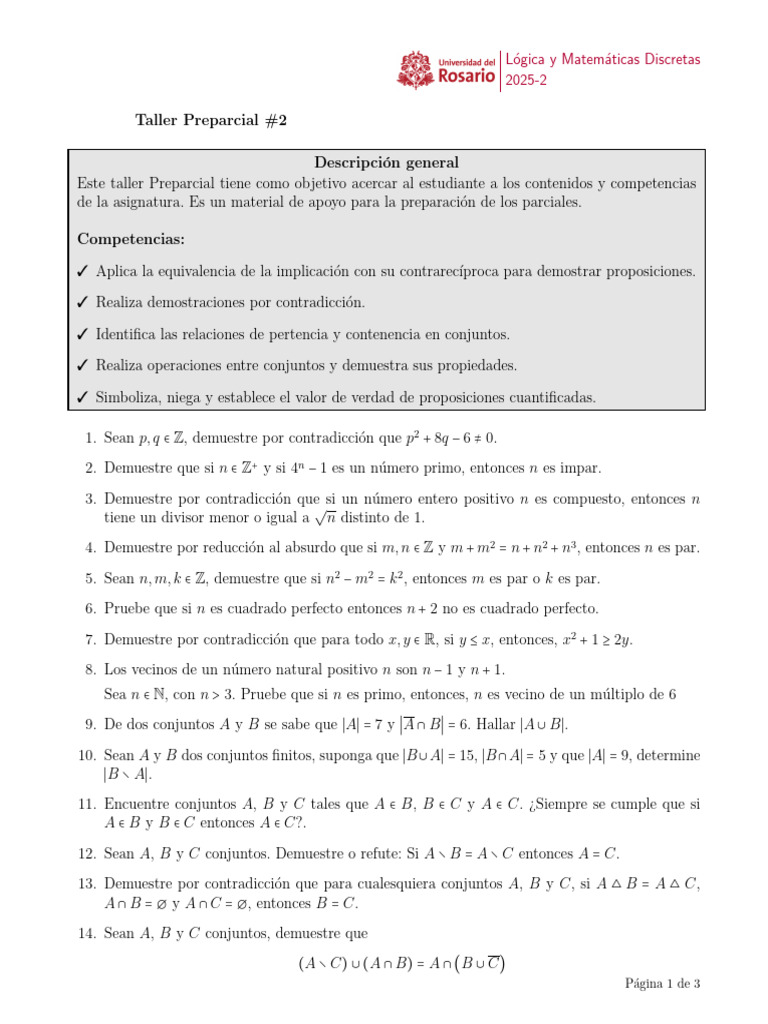 Taller 2 Preparcial Lógica y Matemáticas Discretas | PDF | Prueba matemática | Proposición