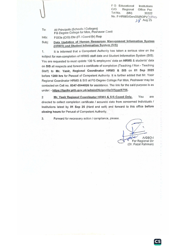 Data Updation of Human Resources Management Information System (HRMIS) and Student Information ...