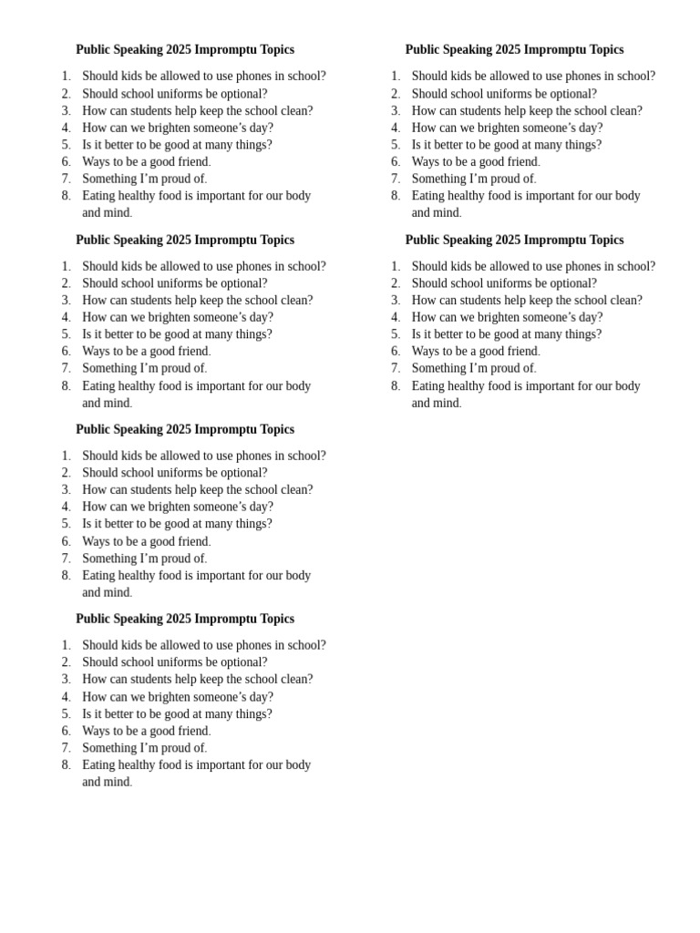 Public Speaking 2025 Impromptu Topics | PDF | Chess Theory | Chess