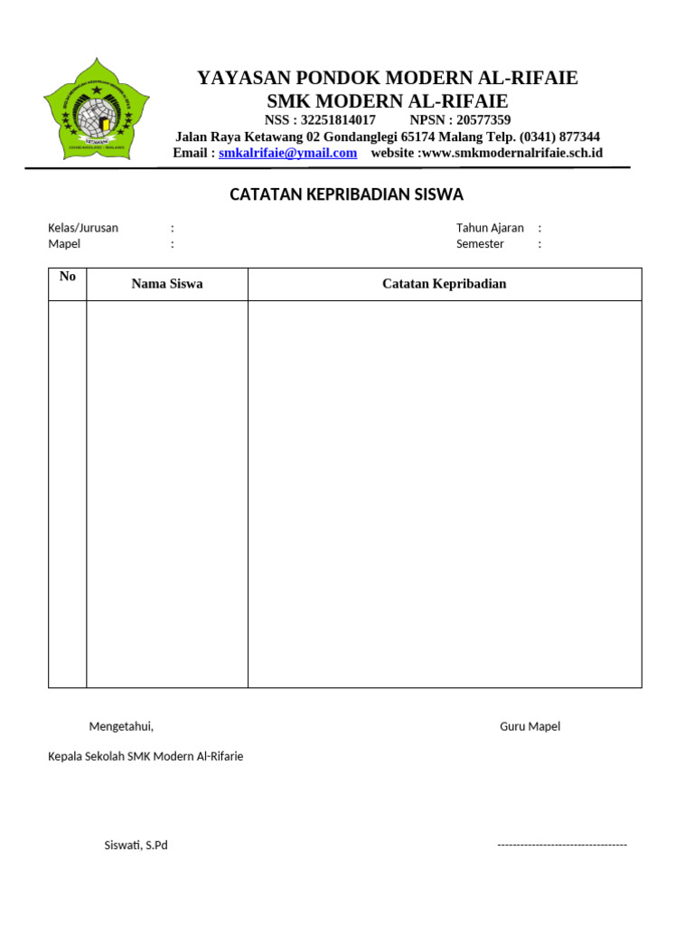 Catatan Kepribadian Siswa SMK Al-Rifaie | PDF
