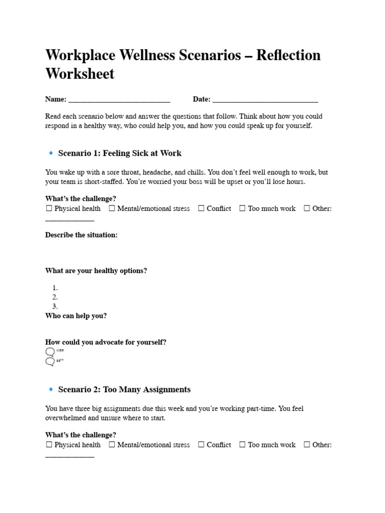 Workplace Wellness Reflection Worksheet | PDF