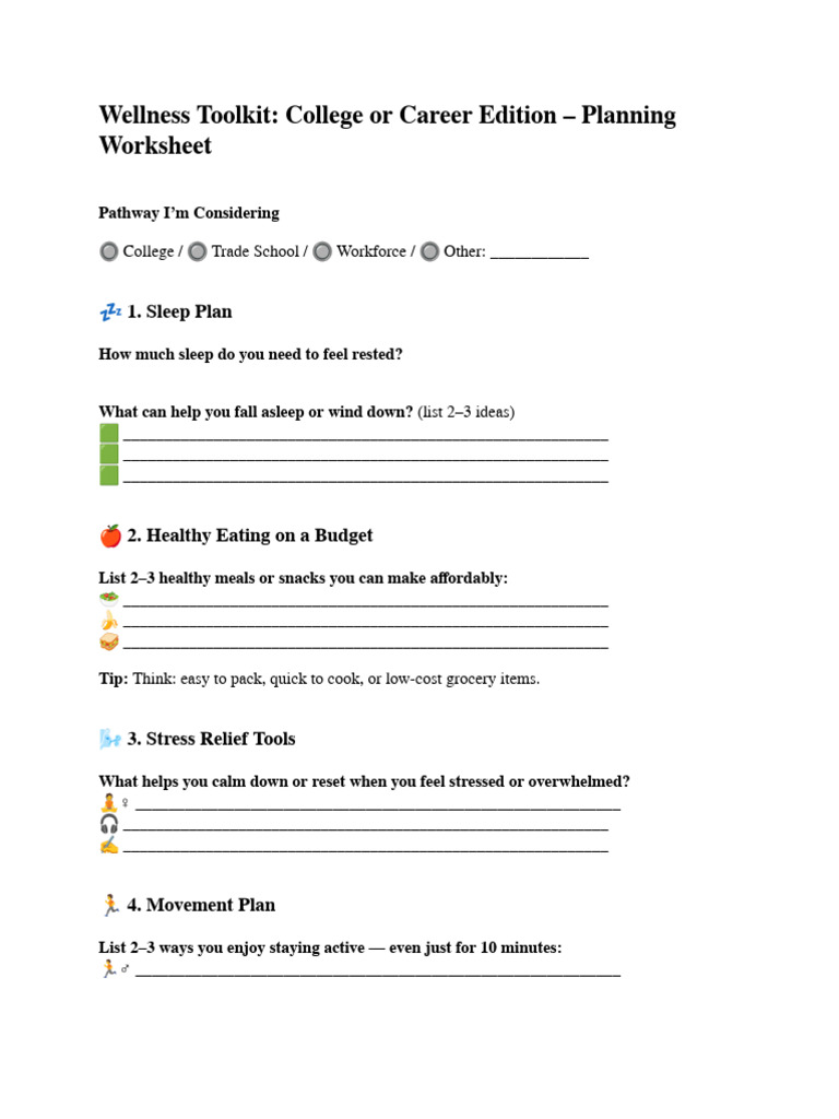 Wellness Toolkit - College or Career Edition - Planning Worksheet | PDF