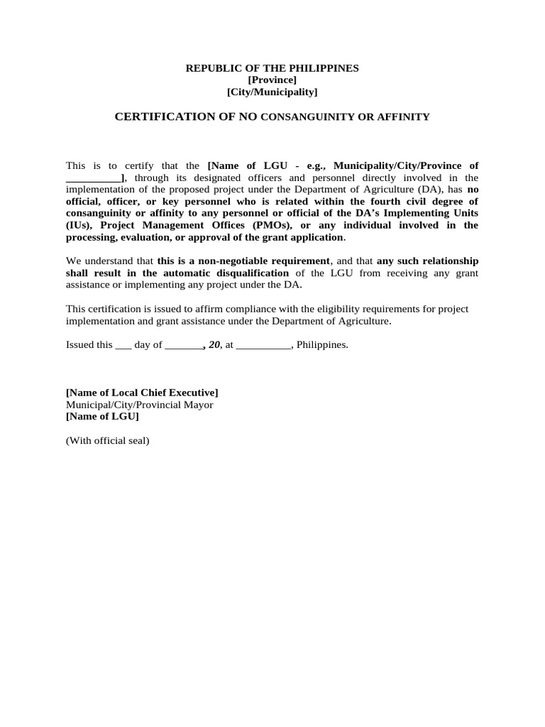 Certificate For No Consanguinity Lgu | PDF