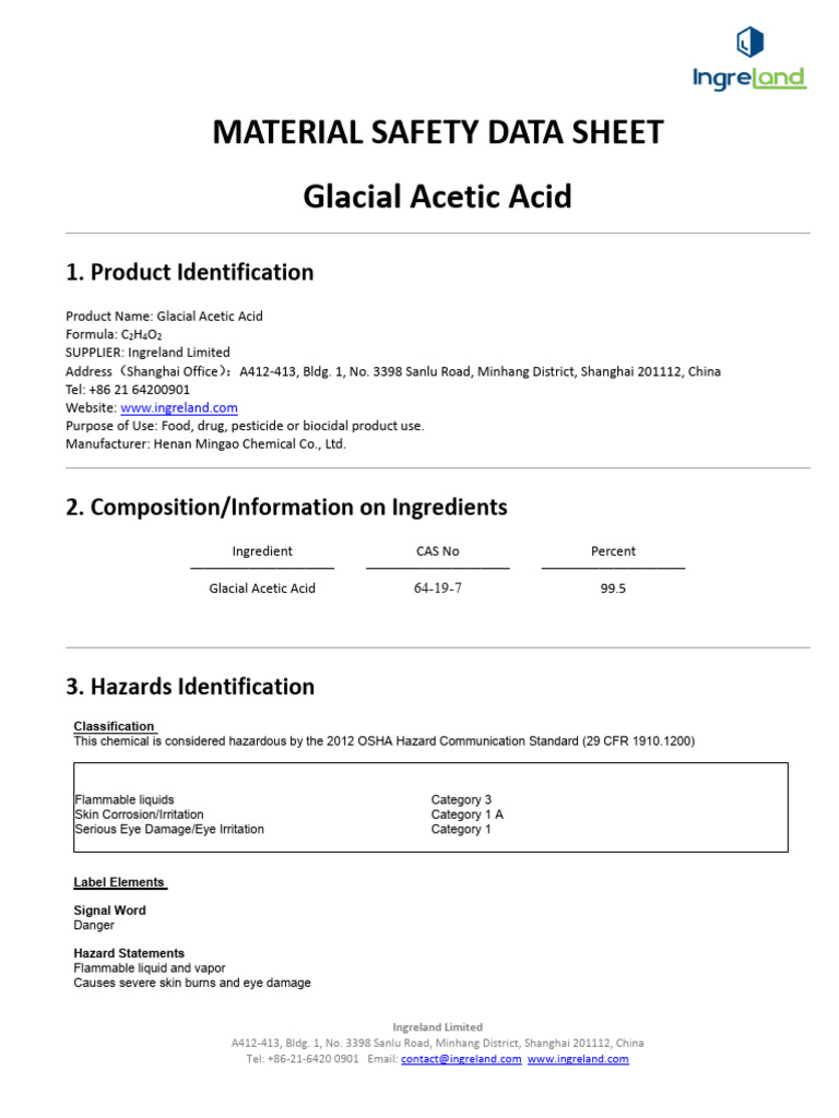 MSDS-Glacial Acetic Acid Vs | PDF | Occupational Safety And Health | Safety
