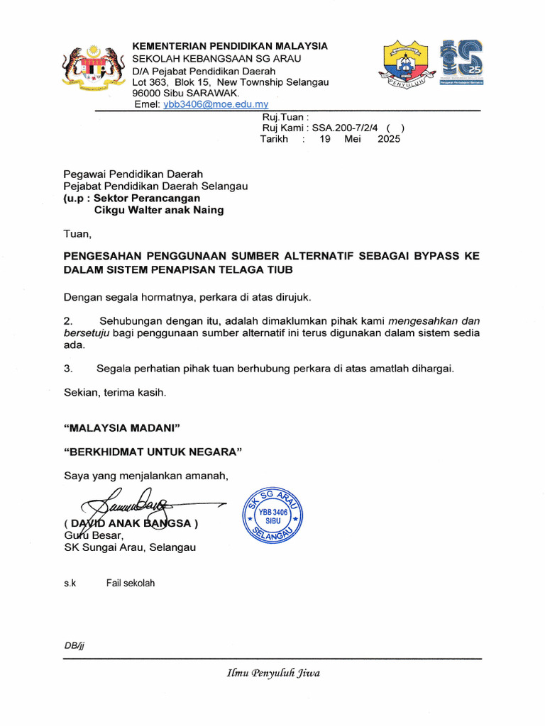 Surat Telaga Tiub SK Sungai Arau 2025 | PDF
