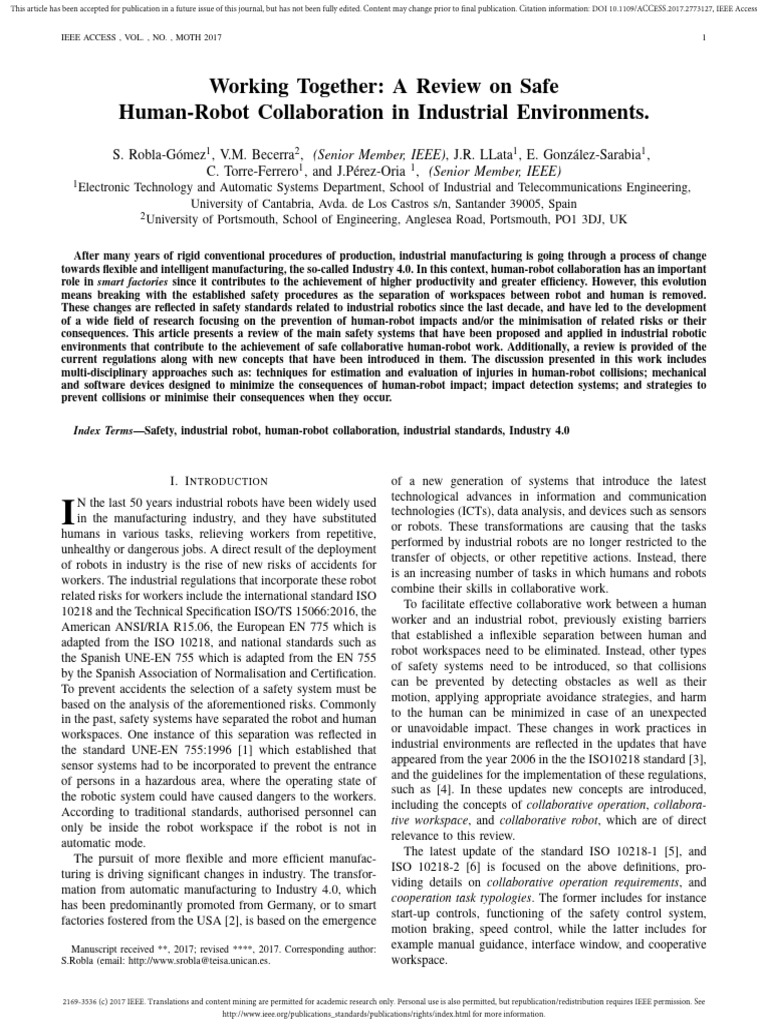 Working Together A Review On Safe Human-Robot Coll | PDF | Safety | Robot