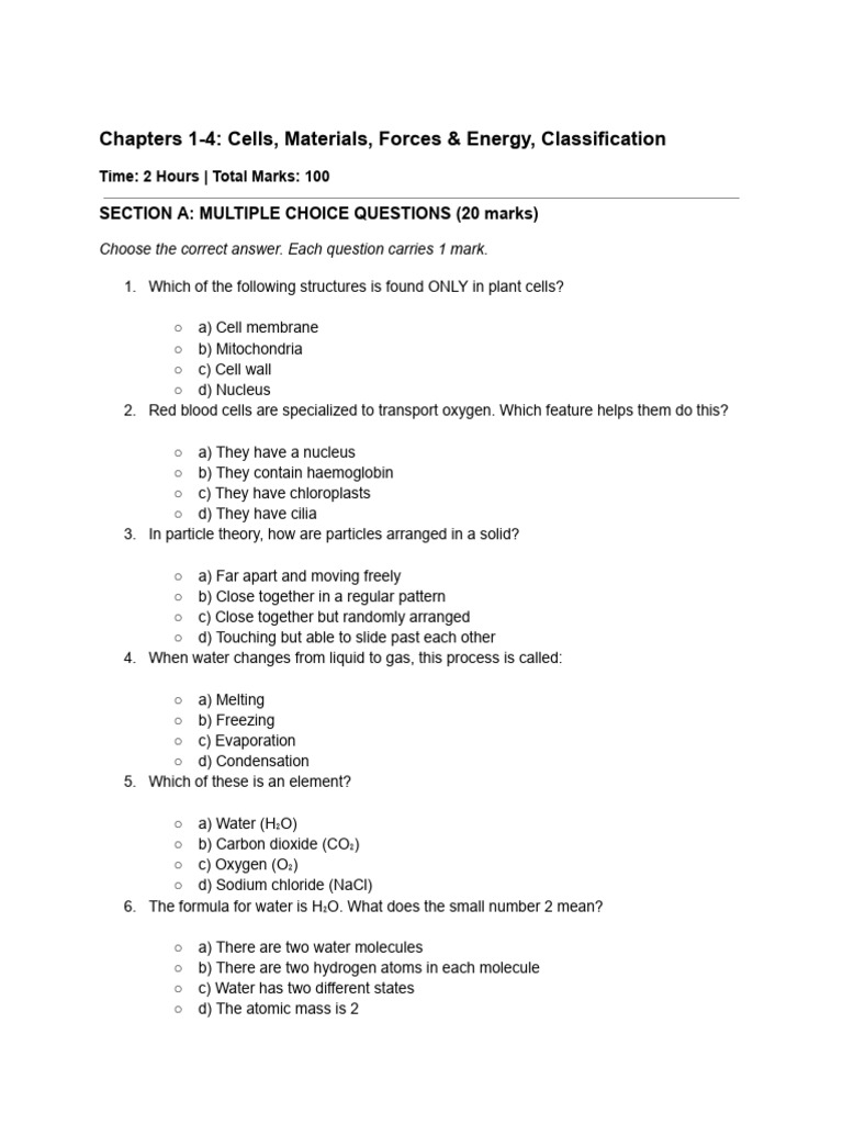 Science Quiz: Cells, Energy, Forces | PDF | Chemical Substances ...