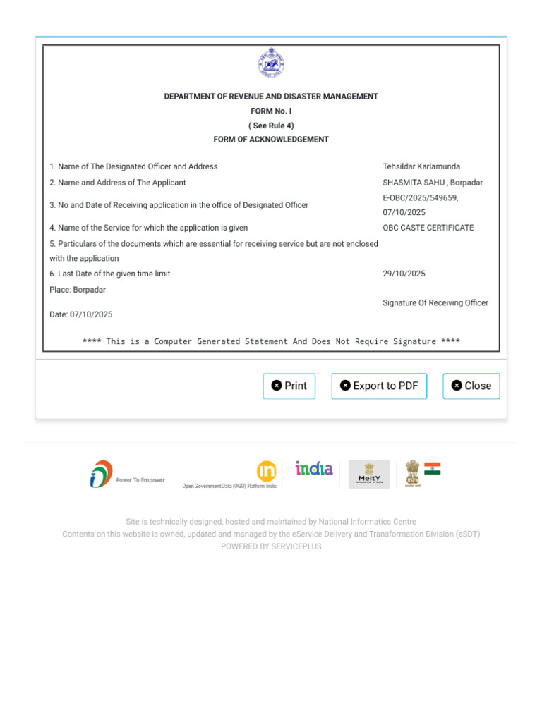 OBC Caste Certificate Acknowledgement Form | PDF